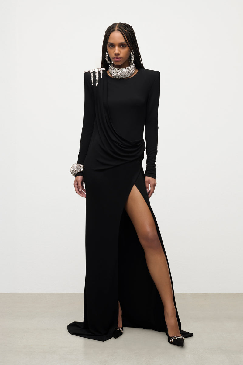 Crystal Cluster Draped Long Sleeve Gown – AREA